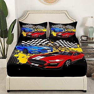 Racing Car Bed Sheet Set Cool Sports Car Bedding Set Race Car Competition Fitted Sheet for Children Kids Boys Extreme Sports Theme Bed Cover Room Decor Twin Size