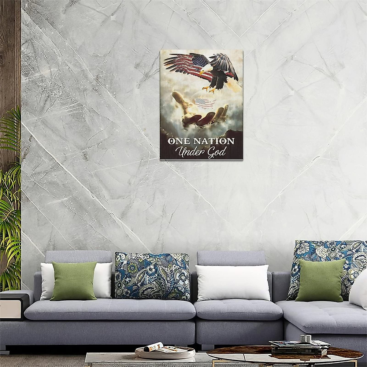 Yudchen Bald Eagle Wall Art American Flag Pictures Wall Decor Rustic Christian Eagle Canvas Prints Painting Home Decor Patriotic Framed Artwork for Living Room Bedroom Office Ready to Hang 12''x16''
