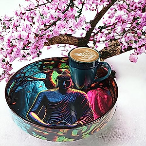 Crocon Decorative Round Serving Tray for Coffee Table Breakfast Buddha Printed Ottoman Tray Candle Holder Multipurpose Centerpieces for Dining Room Home Décor Makeup Drawer Organizer 12 Inch