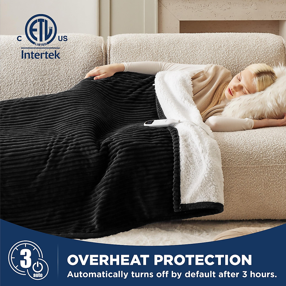 Bedsure Electric Blanket Heated Throw - Soft Ribbed Flannel Heated Blanket, Fast Heating Electric Throw with 6 Heating Levels & 4 Time Settings, 3 Hours Auto-Off (50x60 inches, Black)