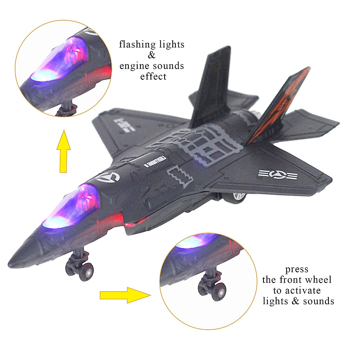 OTONOPI Fighter Jet Military Plane Model F-35 Aircraft Army Air Force Diecast Metal Pull Back Bomber Attack Plane with Lights and Sounds for Kids or Commemorate Collection