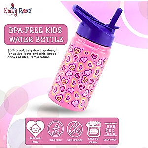 Emily Rose Kids Water Bottle | 12 Ounce Insulated Water Bottle for Kids | BPA Free Stainless Steel Bottle for Travel and School | Leak Proof Kids Water Bottle with 2 Straws (Playful Hearts Design)