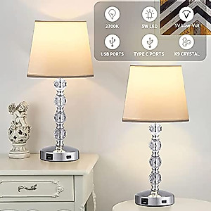 Unfusne Set of 3 Crystal Lamp with USB Port - Touch Control Table Lamp for Bedroom 3 Way Dimmable Nightstand Bedside Lamp with White Fabric Shade, Small Lamps for Living Room, Dorm, Home,Office