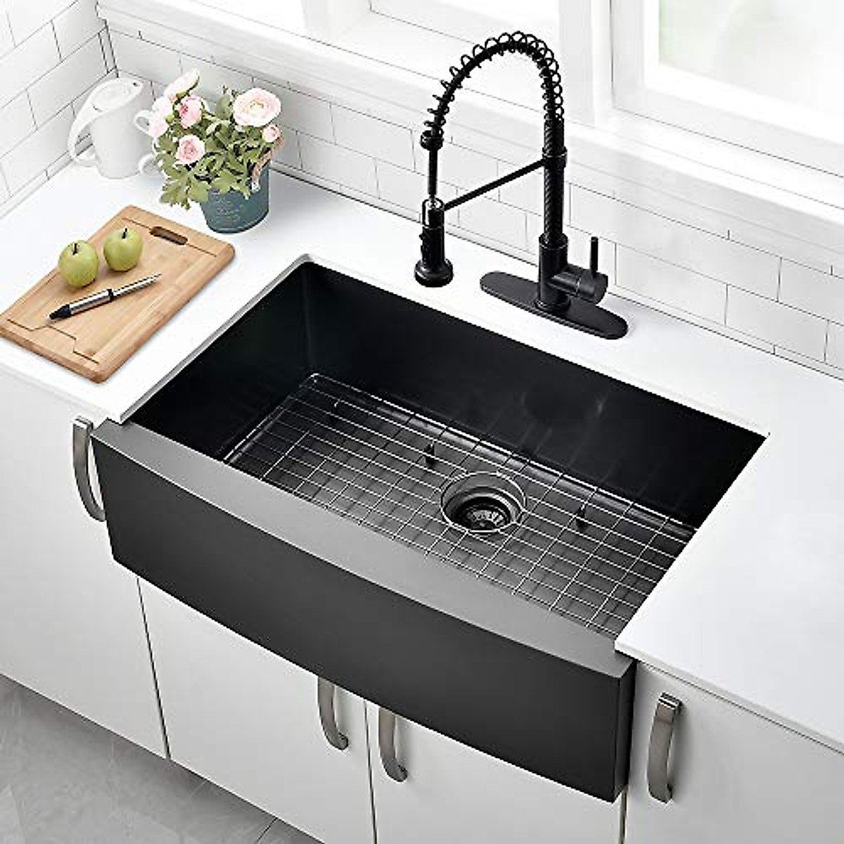 33 Inch Farmhouse Sink Black- VOKIM 33 Inch Black Stainless Stee Farmhouse Sink Apron Curved Front kitchen Sink 16 Gauge Single Bowl Gunmetal Matte Black Stainless Steel Kitchen Sink
