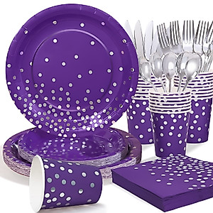 Gudvilla 168Pcs Purple Plates and Napkins Party Supplies, Purple Paper Plates, Purple Party Plates, Purple Party Decorations for Birthday Bridal Shower Mardi Gras Graduation Plates, Serves 24