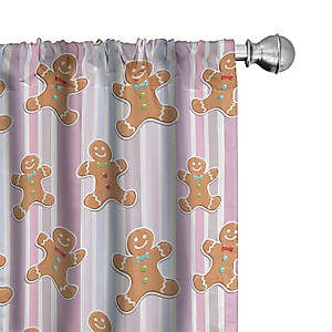 Ambesonne Gingerbread Man Curtains, Pattern with Pastel Colored Striped Backdrop Bakery Xmas Goodies, Window Treatments 2 Panel Set for Living Room Bedroom, Pair of - 28" x 84", Brown Pink