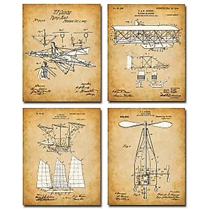 Original Flying Machines Patent Prints - Set of Four Photos (8x10) Unframed - Makes a Great Home or Man Cave Decor and Gift Under $20 for Engineers and Pilots