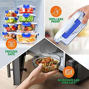 SereneLife 24-Piece Food Storage Containers - Superior Glass Food Storage Set, Stackable Design with Newly Innovated Hinged Locking lids, 11 To 35 Oz. Capacity, Blue - SLGL24BL