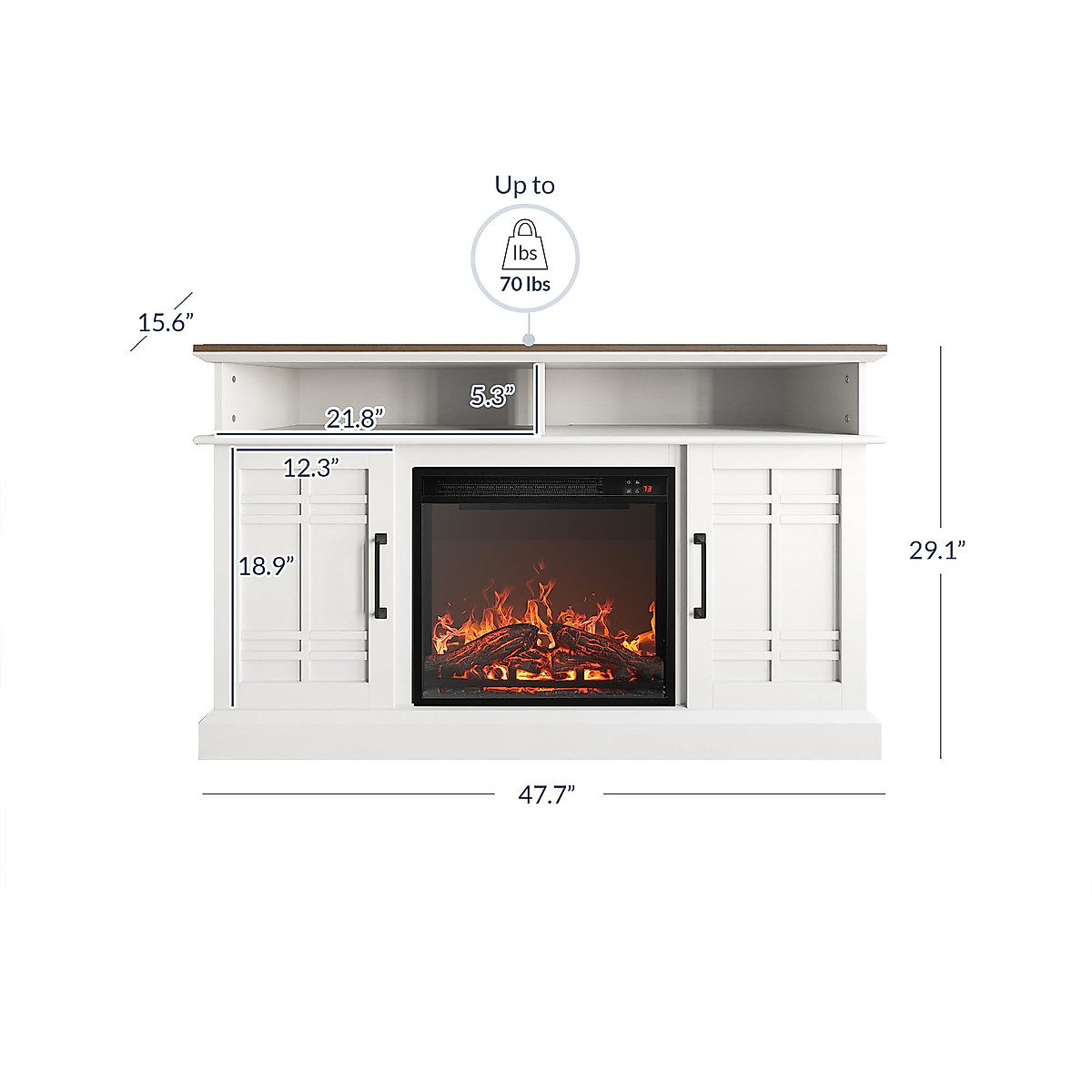 BELLEZE 48" TV Stand with 18" Electric Fireplace Heater, Modern TV Stand for TVs up to 50", Entertainment Media Stand with Open Shelves and Storage Cabinets for Living Room, Bedroom (White)