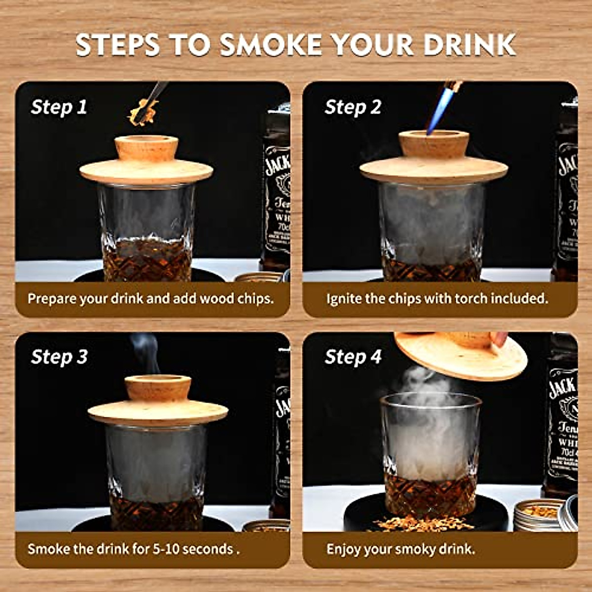 Whiskey Smoker Kit with Torch | Old Fashioned Cocktail Kit with Cocktail Smoker and 4 Drink Smoker Flavors Making a Great Whiskey Gifts for Men and Bourbon Lovers (NO FUEL)