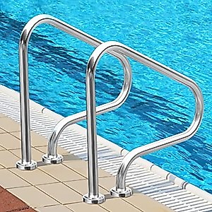 Antourlamm Pool Handrails Metal Pool Hand Rail, Easy Mount Inground Pool Entry Grab Rail, Swimming Pool Stair Rail for Garden Backyard Water Parks, Silver