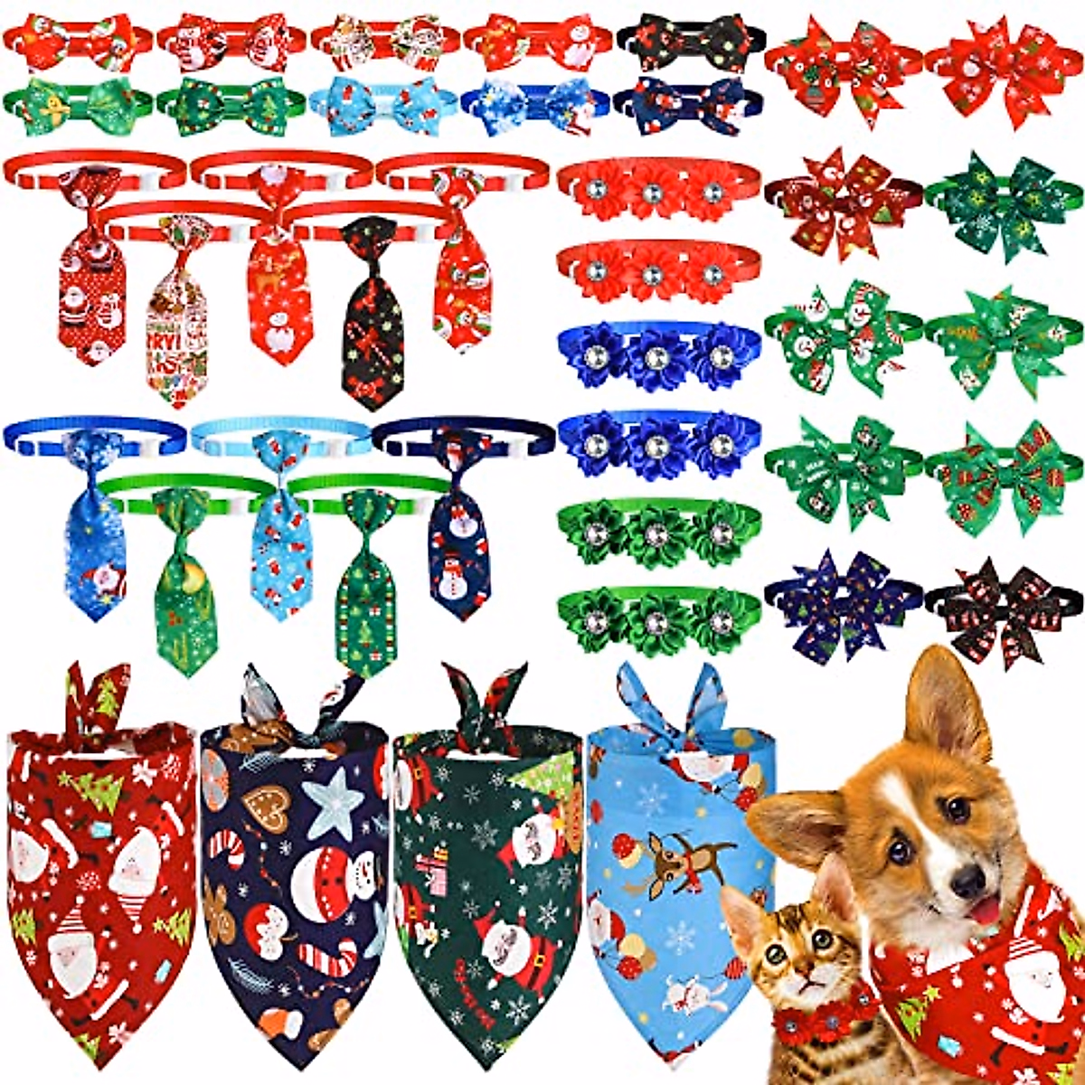 40 Pcs Christmas Dog Bow Ties Set 26 Christmas Pet Bowties 10 Santa Snowman Pet Necktie 4 winter Dog Bandana Christmas Dog Grooming Accessories for Dog Cat Pet Decor (Santa Style)