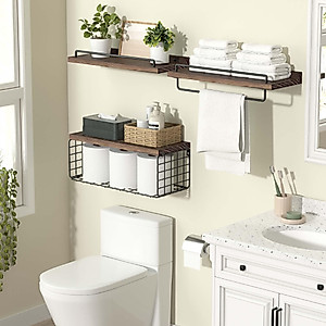RYOFOBETTO Bathroom Shelves, Floating Shelves Over Toilet Paper Holder, Wall Mounted Rustic Wood Storage Basket Shelves for Bedroom, Living Room & Kitchen, Set of 3 (Brown)