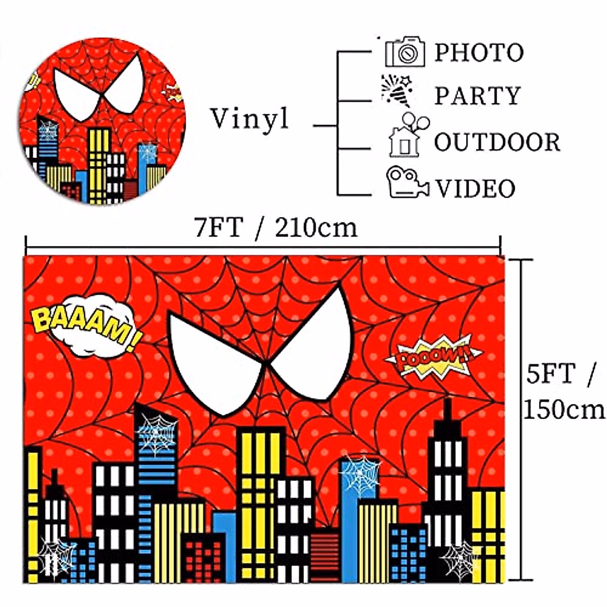 Vinyl 7x5ft Red Spider Web Photography Backdrop for Children Boys 1st Birthday Party Banner Decorations Superhero Theme Cityscape Photo Background Baby Shower Photo Booth Supplies