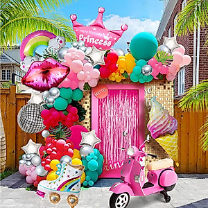 137PCS Pink Teal Balloon Garland Arch Kit with Hot Pink Silver Disco Roller Skate Balloon for Priness Theme Birthday Party Girl Summer by Beach Pool party decorations
