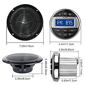 Herdio Marine Radio and Speakers Set Compatible with Bluetooth, Marine Gauge Head Unit+6.5 Inch Marine Flush Wall Mount Ceiling Speakers+Rubber Flexible Mast FM AM Antenna