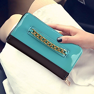 Dasein Gold Tone Chain Vegan Leather Zip Around Wallet Credit Card Purse - 12 Card Slots (8005 Orange)