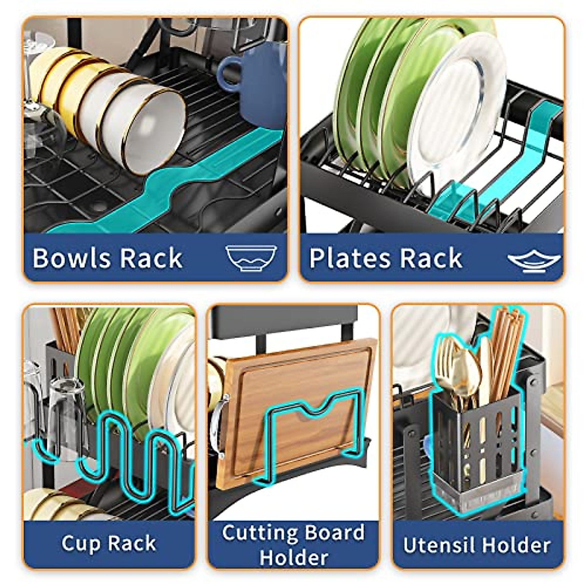 Dish Drying Rack, Two Tier Dish Drying Rack Foldable Dish Racks for Kitchen Counter with Utensil Holder - Large Dish Drying Rack with Drainboard - Rustproof Dish Drainers for Kitchen Counter Dish Rack