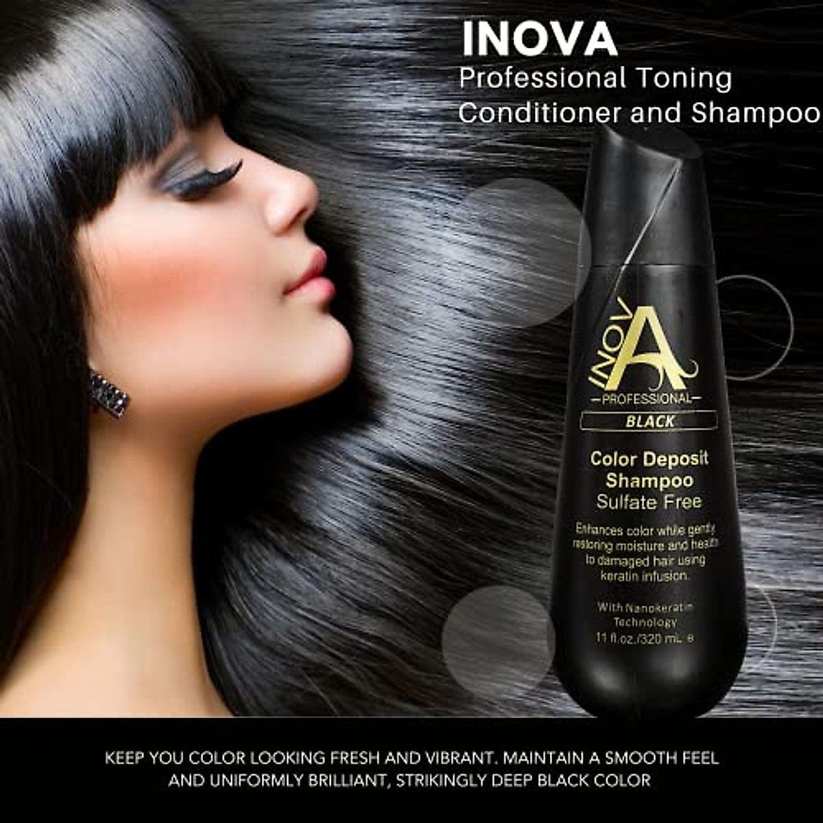 Inova Professional Color Revive & Enhance - Smooth Protection Sulfate-Free Shampoo - Color Deposit Black, 11 Fluid Ounce