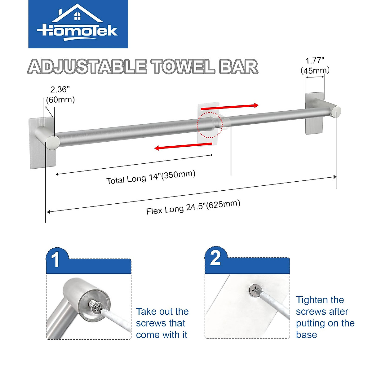 HOMOTEK Towel Bar Adjustable Self Adhesive Bathroom Towel Holder, Towel Rod Size from 14 Inch to 24.5 Inch Single Towel Racks, Towel Hanger Towel Hook for Bathroom, Kitchen(2 Pack Brushed Nickel)