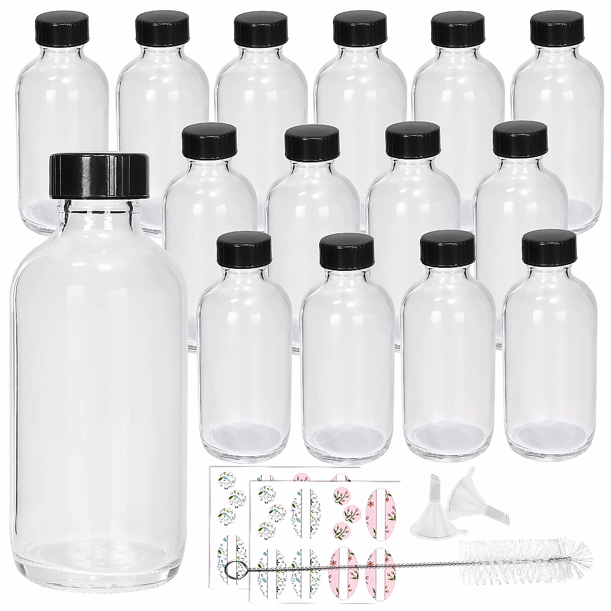 15 Pack Glass Amber Boston Bottles with Black Poly Cone Cap, 4 oz Round Glass Bottle for Essential Oil, Perfume and Liquid, Contains 24 Colored Labels, 2 Funnels, 1 Brush