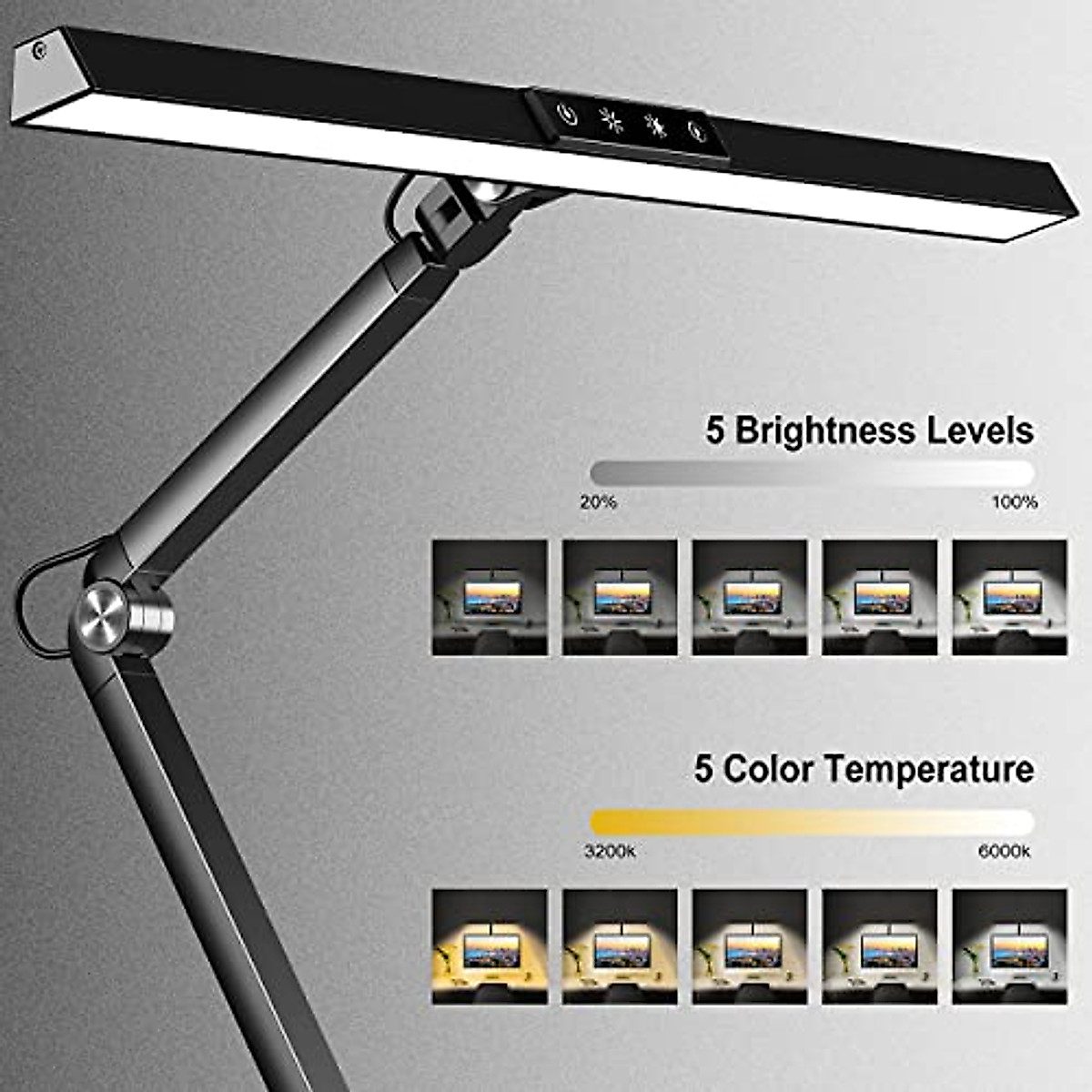 Desk Lamp,Desk Lamps for Home Office,Modern Architect Lamp with Clamp,Eye-Caring Dimmable Arm Table Lamp with Memory and Timing Function for Monitor Studio Reading,5 Color Modes & 5 Brightness Levels