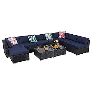 PHI VILLA Outdoor Sectional Furniture All-Weather Wicker Patio Sofa Set Low-Back Rattan Patio Conversation Set with Tea Table & Washable Couch Cushions(10 Piece, Blue)