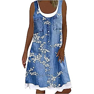 Womens Summer Dress Sleeveless Floral Loose Denim Printed Tank Dress for Women Juniors Casual Flowy Loose Sundress