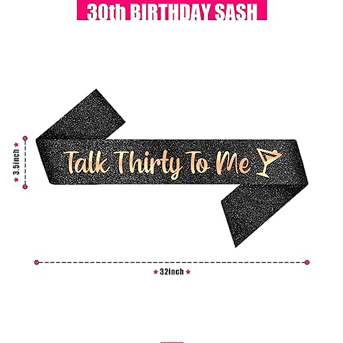 PartyForever 30th Birthday Decoration Sash for Women Talk Thirty to Me Black 32 inch Long with Rose Gold Letters for Her
