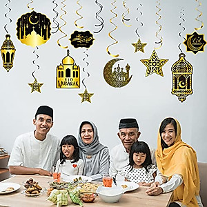 36 Pieces Ramadan Mubarak Decorations Eid Mubarak Ceiling Foil Swirls Kareem Theme Decor Islamic Ceiling Decorations Foil Party Danglers Streamers for Party Decorations