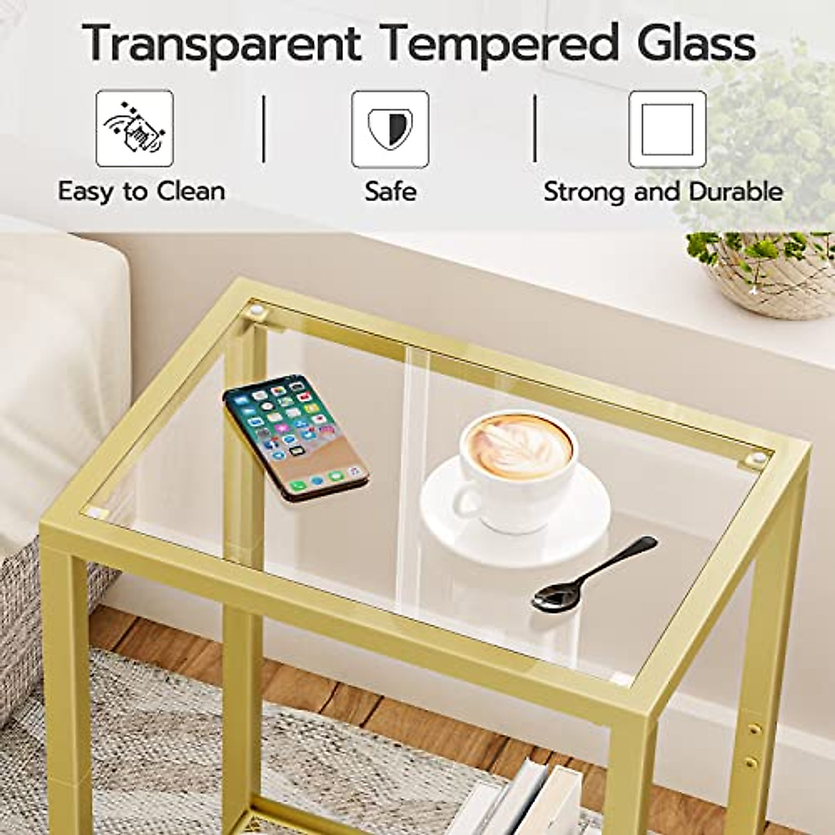 HOOBRO Set of 2 Side Tables, 2-Tier End Table, Nightstands for Tight Spaces, Tempered Glass Bedside Tables, Modern Metal Frame, for Office, Bedroom, Living Room, Study, Gold GD76BZP201
