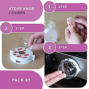 COZYCUDDLES Stove Knob Covers Protector Kit with Adhesive Tapes - Easy to Use Covers for Gas Stoves - Child Safety Guards for Baby and Toddler Proofing - 5 Pieces (Standard Size Stove Knobs)