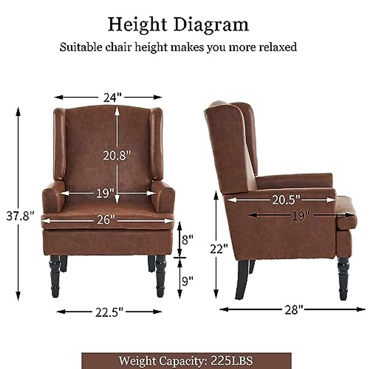 LOVSPATIO Faux Leather Accent Chair, Mid-Century Upholstered Living Room Chairs, Comfy Single Recliner Sofa with Arm and Wood Legs for Bedroom Waiting Room Office - Brown