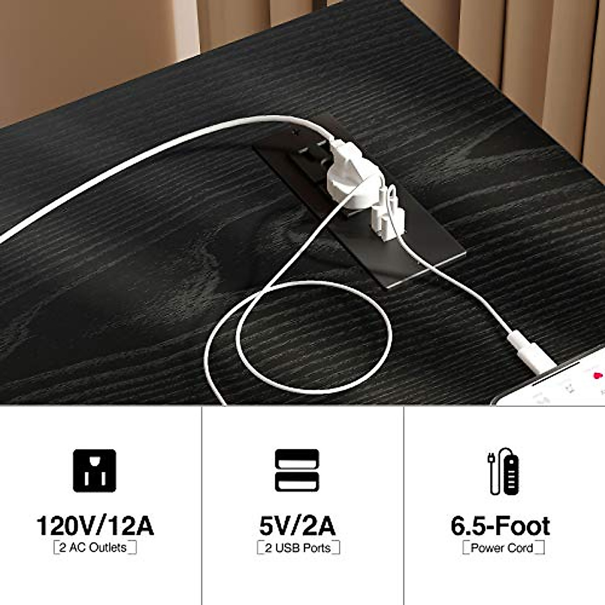 Rolanstar Computer Desk with Power Outlet, Home Office PC Desk with USB Ports Charging Station, 39" Desktop Table with Side Storage Bag and Iron Hooks, Stable Metal Frame Workstation, Black