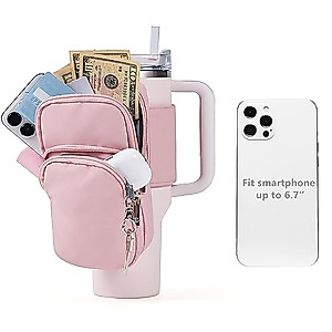 SUITMAT Large Water Bottle Pouch for Stanley Quencher Cup Tumbler, Double Layer Water Resistant Bag for iPhone 14 Pro Max, iPod Air, Credit Cards, Key, Pink (Bag Only)