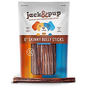 Jack&Pup 6 Inch Skinny Bully Sticks for Small Dogs | Thin Odor Free Bully Sticks Sheaths | All Natural, 100% Beef Pizzle Sticks for Seniors and Puppies (Skinny, 30 Pack)