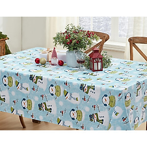 Newbridge Blue Snowy Snowman Print Flannel Back Vinyl Christmas Tablecloth - Cute Snowmen in Sweaters and Scarves Xmas Winter Holiday Wipe Clean Easy Care Tablecloth, 60” x 102” Oblong/Rectangle