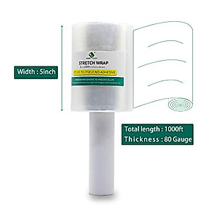 4 Pack Industrial Mini Clear Stretch Wrap with Handle 5" 1000ft 80 Gauge for Pallet Wrap, Durable Self-Adhering Plastic Wrap for Packing, Moving, Heavy Duty, BOMEI PACK