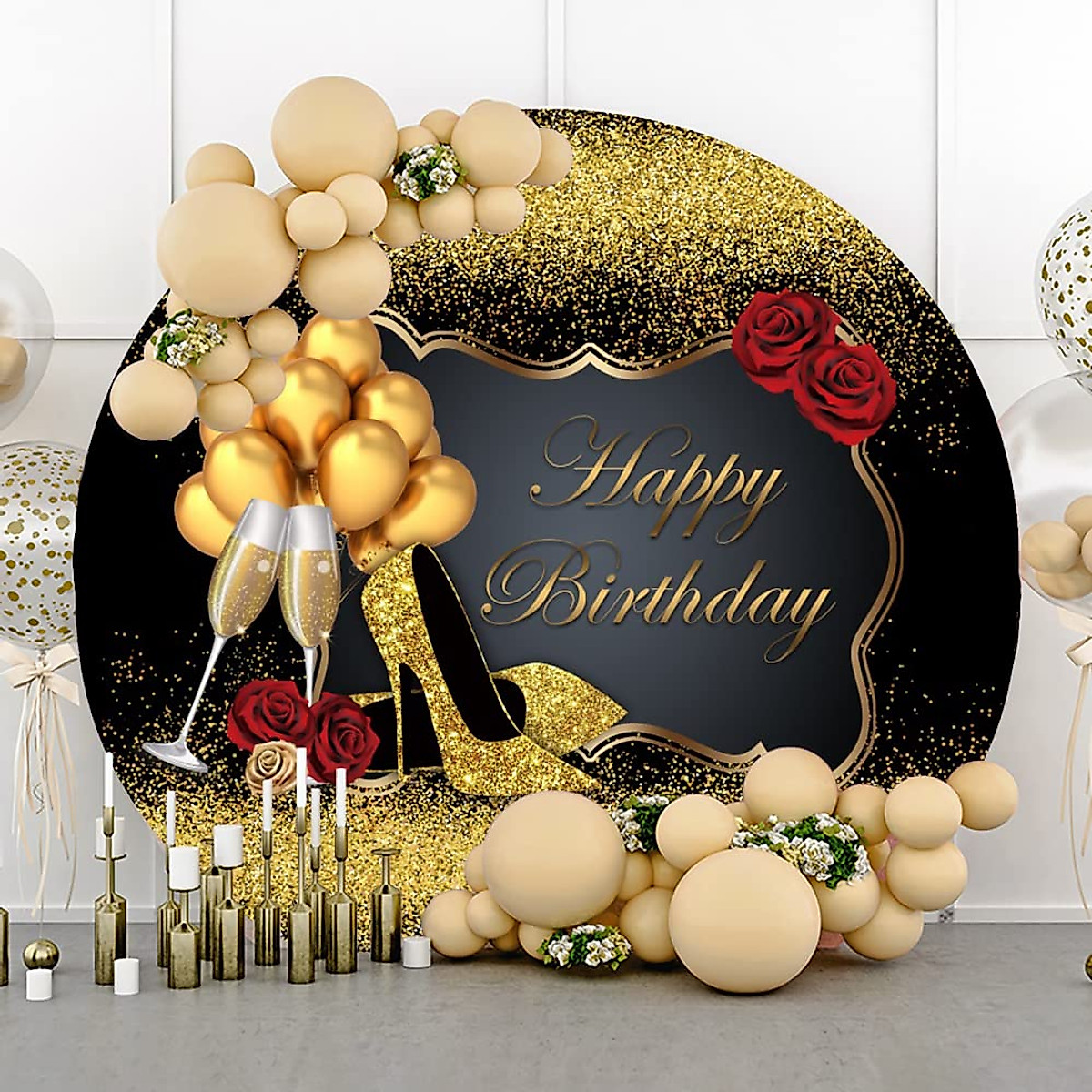 Black Gold High Heel Round Backdrop Luxury Glistering Champagne Rose Balloons 20th 30th 40th 50th 60th Happy Birthday Backdrop 6.5x6.5ft Photo Studio Booth Background