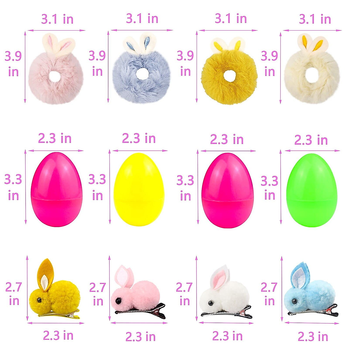 Easter Eggs Easter Basket Stuffers For Toddler Girls Filled 4 Pack Eggs with Cute Rabbit Hair Clips and Hair Ties Inside Colorful Plastic Prefilled Easter Eggs with Toys Inside For Kids Easter Gifts