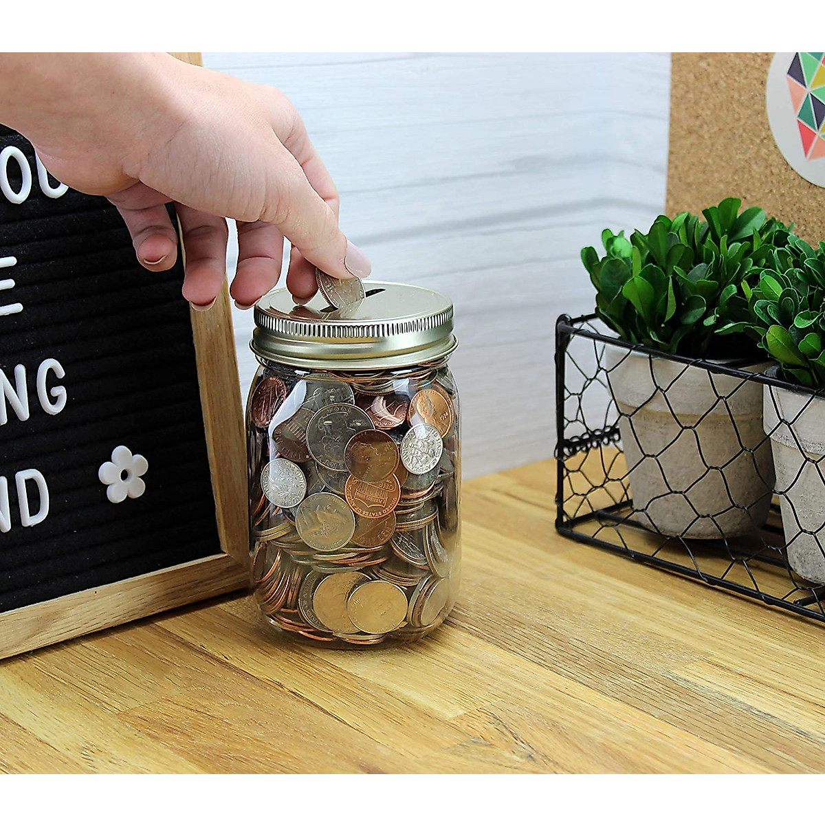 Cornucopia Brands Small Coin Bank Jars (4-Pack, Clear); 16oz Clear Plastic Mason Jar Coin Banks w/Gold Slotted Lids