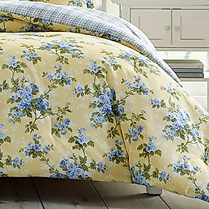 Laura Ashley - King Comforter Set, Cotton Reversible Bedding, Includes Matching Shams with Bonus Euro Shams & Throw Pillows (Cassidy Yellow, King)
