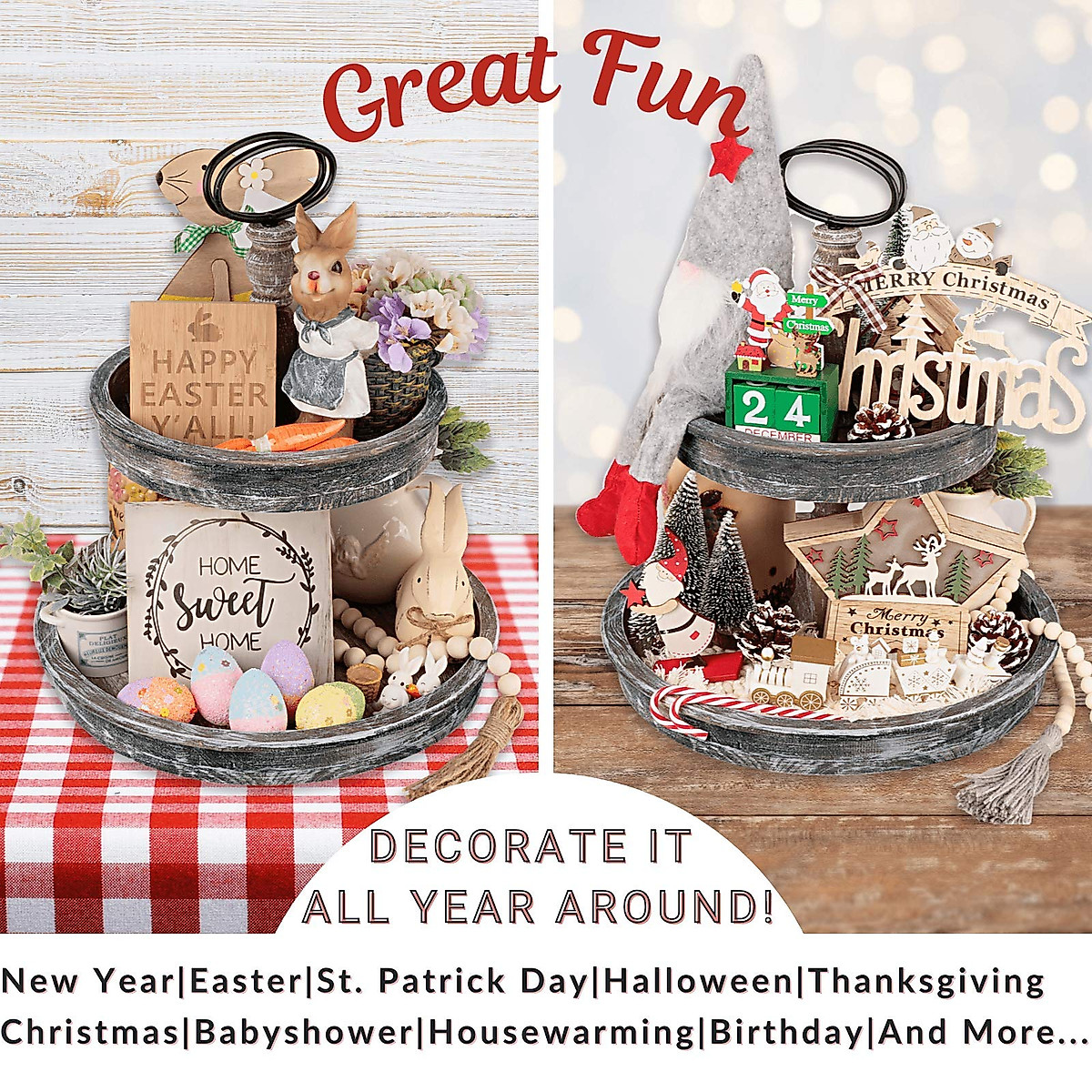 Farmhouse Wooden Two Tier Serving Tray - Wood Two Tiered Tray, 2 Tier Decorative Tray Stand for Cake/Cupcake/Dessert, Rustic Decorative Tiered Tray for All Season for Kitchen/Dining Room/Countertop