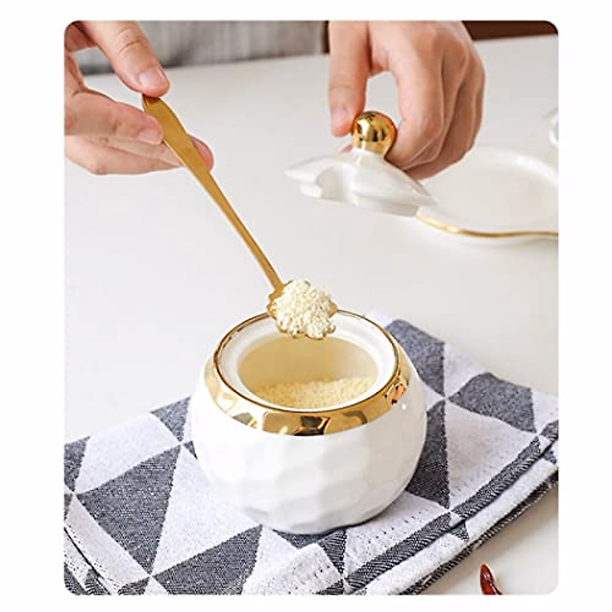 Buric Porcelain Condiment Jar, 3pcs Spice Container Set with Spoon and Tray for Sugar Bowl Serving Tea, Coffee, Spice (White)