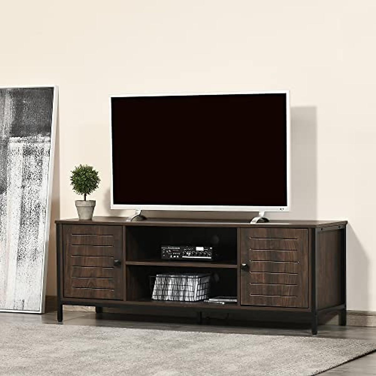 HOMCOM TV Stand for TVs up to 60", Industrial Entertainment Center Cabinet with Storage Shelves for Living Room or Bedroom, Dark Walnut