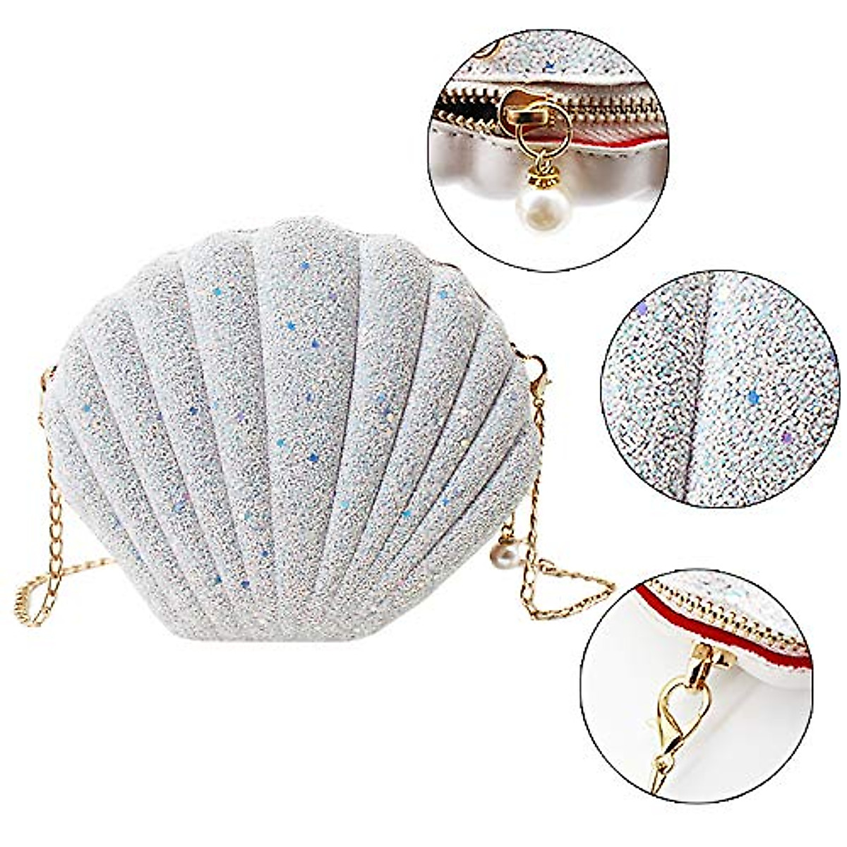 ZLM BAG US Glitter Seashell Evening Clutch Purse Mini Chain Crossbody Bag Pu Leather Shell Pearl Shoulder Bag