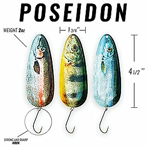 ETIC Poseidon 4 ½", 2oz Fishing Spoons Kit 100% Made of Brass, 3 pcs Fishing Lures, Tackle, Hooks, Baits, Spinning, Casting, Trolling for Trout, Salmon, Pike, Walleye, Bass and Mores