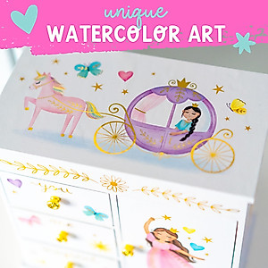 Giggle & Honey Princess Musical Jewelry Box for Girls - Kids Music Box with Drawers, Fairytale Gifts for Girls Birthday, Princess Jewelry Boxes for Ages 3-10 - 9 x 5 x 9.3 in, White