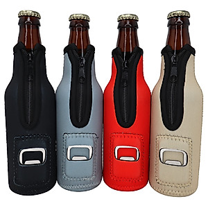 BBQ Smoker Bottle Coolies - Barbecue Meat Smoking Gift for Dad,Useful Gifts for Men Who Have Everything,Bottle Cooler Insulator Sleeve w Zipper,Built-In Removable Opener,Insulated 12 oz. Bottle Coolie