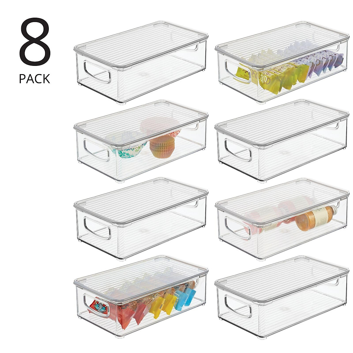 mDesign Plastic Pantry Storage Box Container with Lid and Built-In Handles - Organization for Flour, Cereal, Pasta, Rice, or Food in Kitchen Cupboard, Ligne Collection, 8 Pack, Clear/Clear